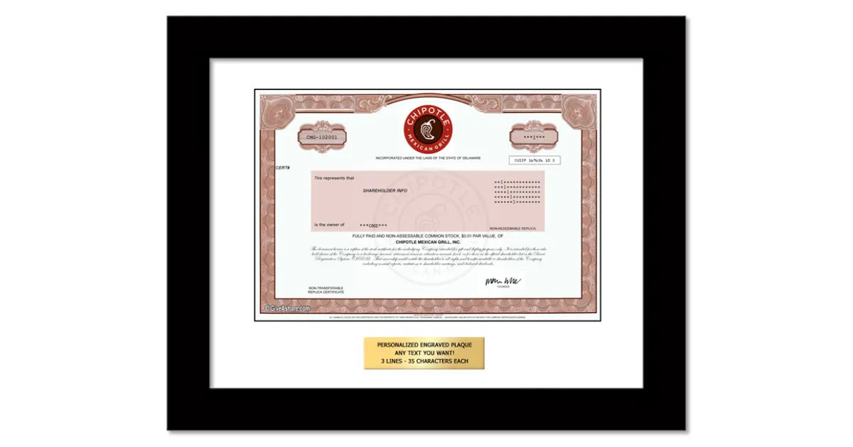 Chipotle Personalized Replica Stock Certificate