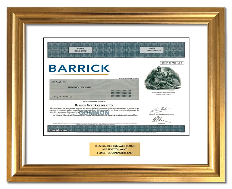 Barrick Gold Personalized Replica Stock Certificate