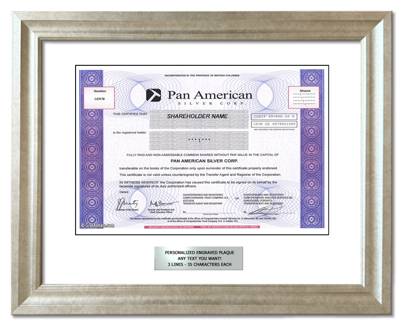 Pan American Silver Personalized Replica Stock Certificate